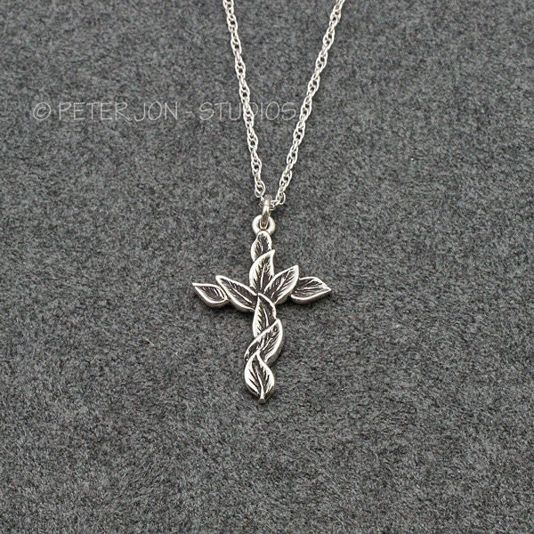 LAUREL LEAF CROSS, Medium Size, Handmade Christian Necklace in Sterling ...