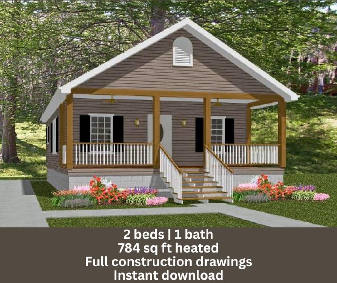 Laura Cottage Style House Plan: 2 Bed/1 Bath, 784 Sq Ft (PDF Blueprint ...