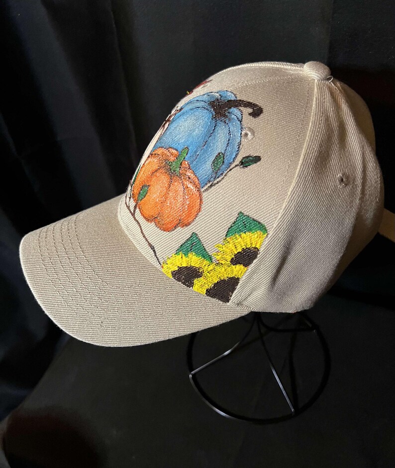 Hand Painted Trucker Hat Fall Pumpkins and Sunflowers Autumn Ball Cap ...