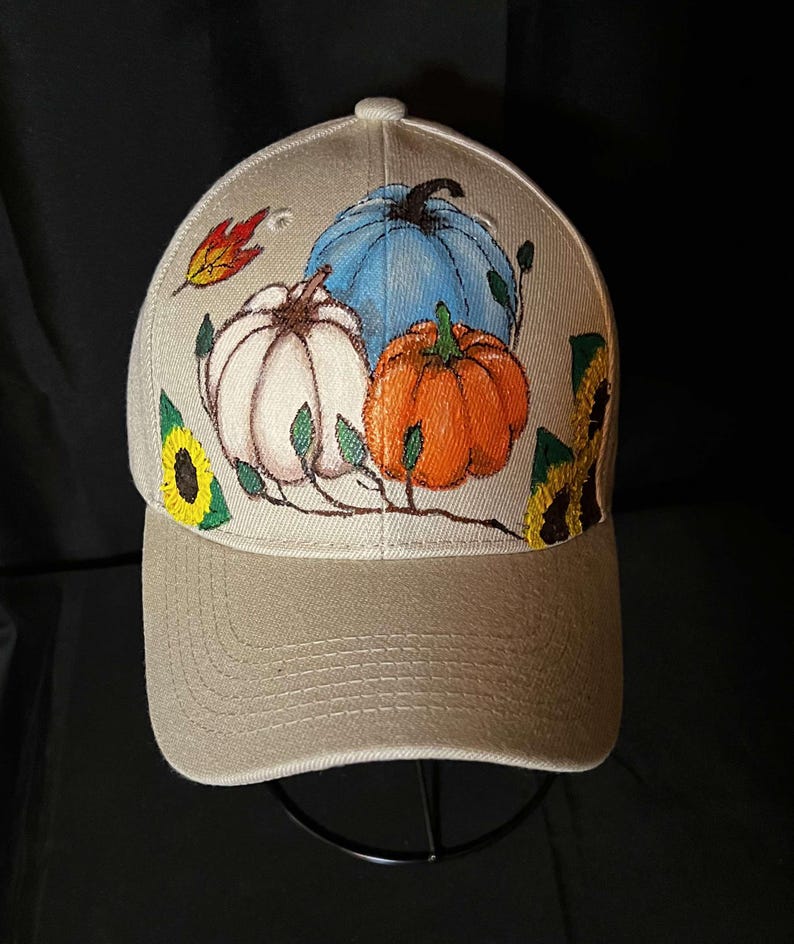 Hand Painted Trucker Hat Fall Pumpkins and Sunflowers Autumn Ball Cap ...