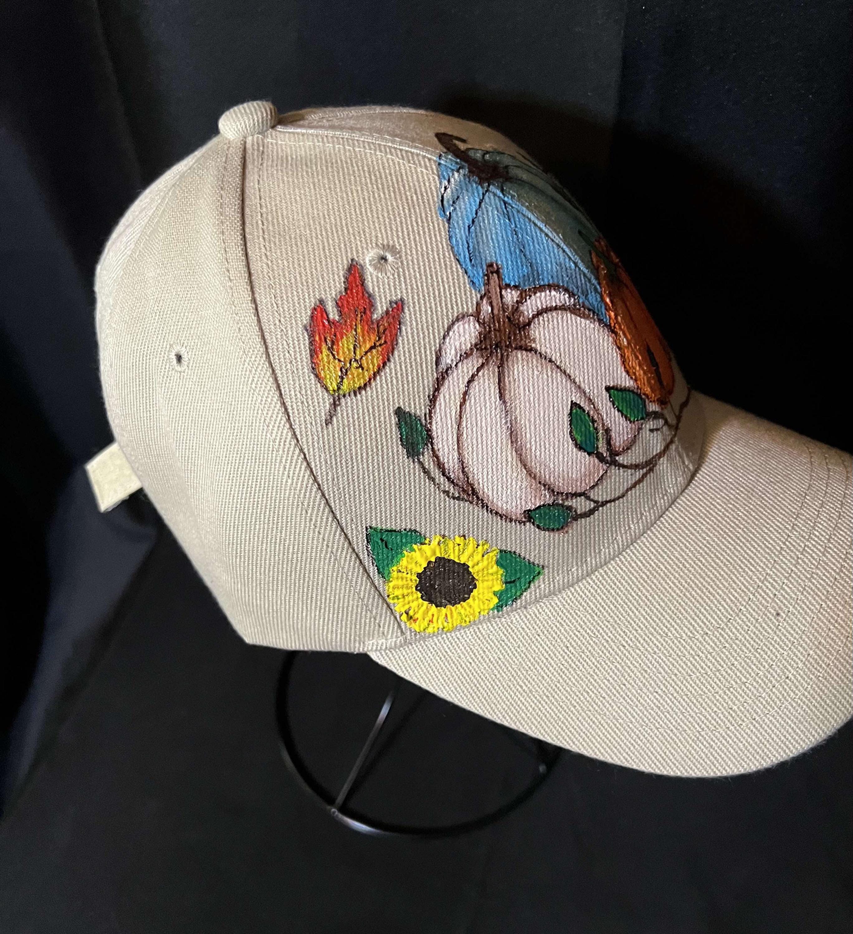 Hand Painted Trucker Hat Fall Pumpkins and Sunflowers Autumn Ball Cap ...
