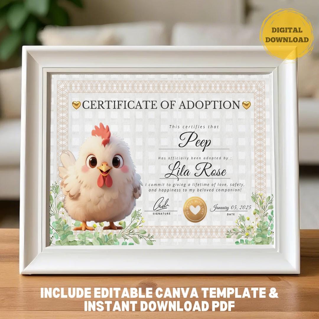 PRINTABLE CHICKEN ADOPTION Certificate Editable Canva Template Pet ...