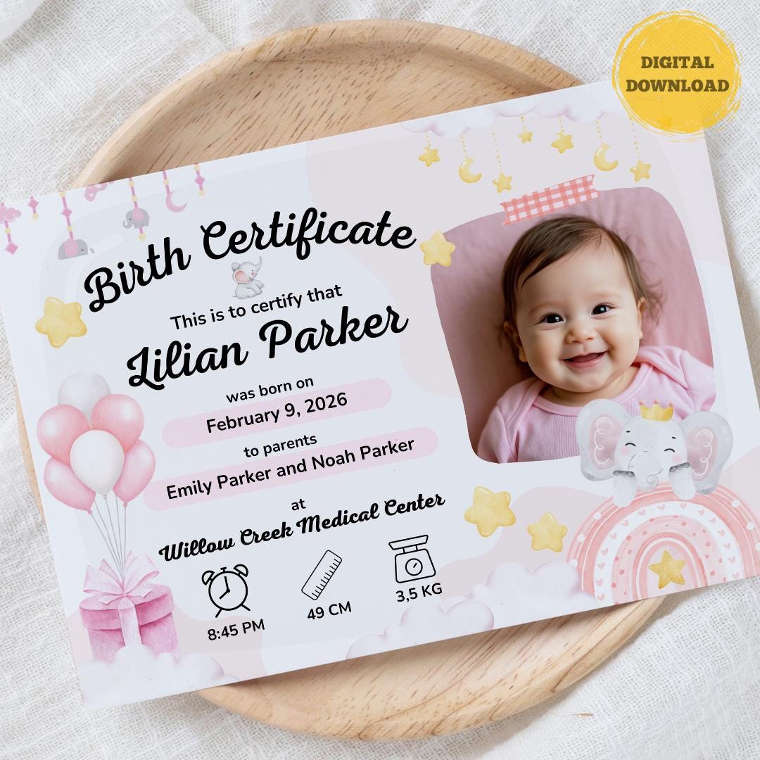 EDITABLE BIRTH CERTIFICATE Canva With Photo Template Personalized Baby ...