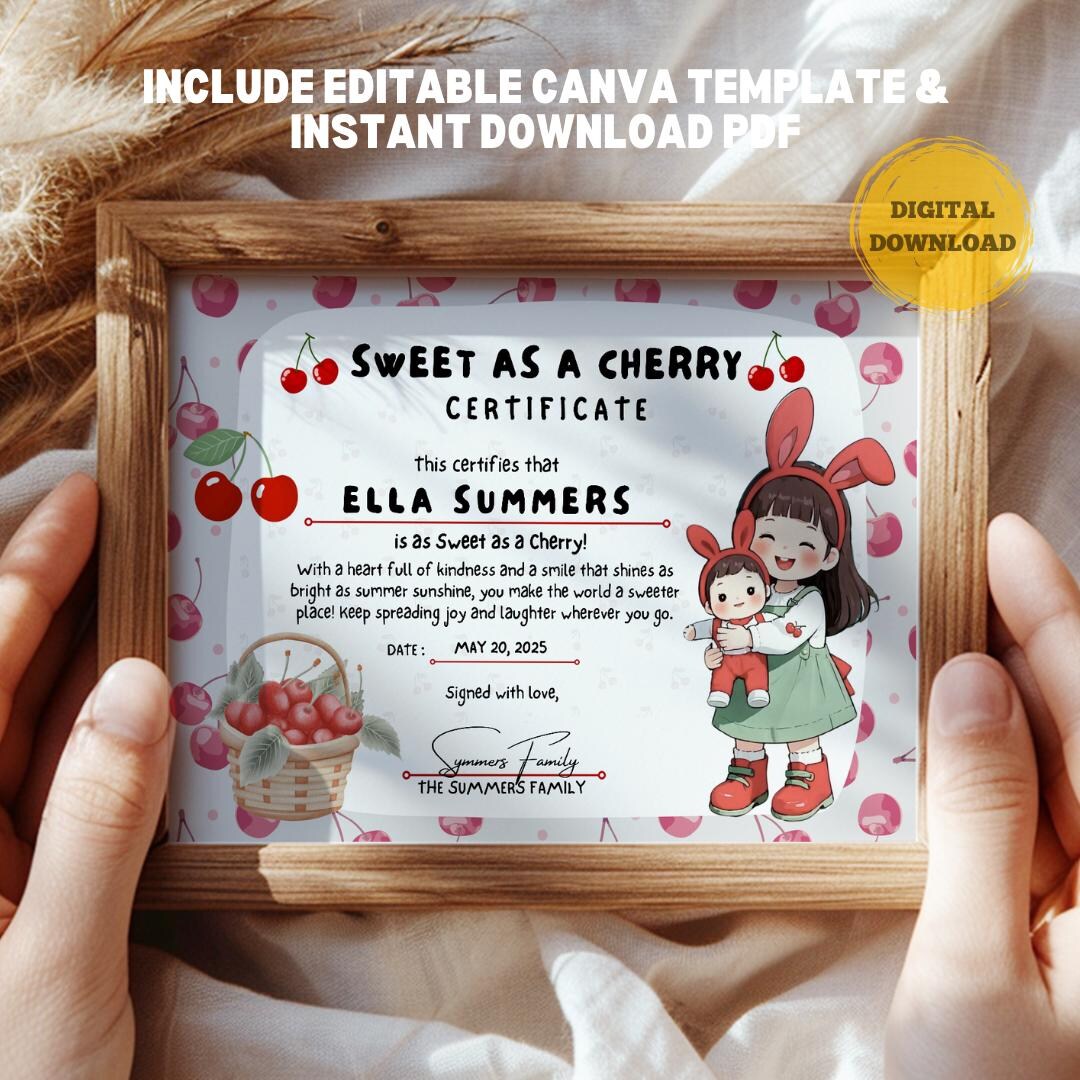 PRINTABLE SWEET CHERRY Certificate Kids Little Girl Award Editable ...