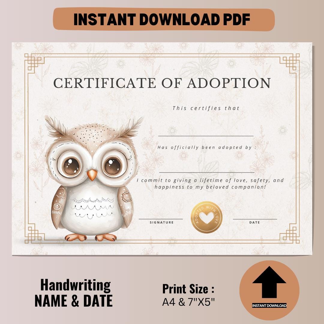 PRINTABLE OWL CERTIFICATE of Adoption, Personalized Editable Canva ...