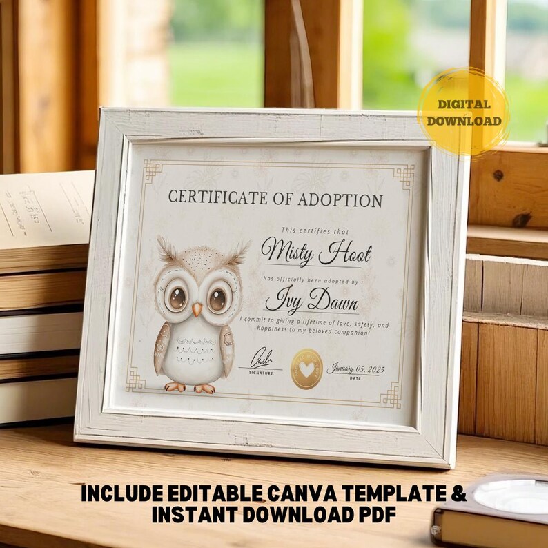 PRINTABLE OWL CERTIFICATE of Adoption, Personalized Editable Canva ...