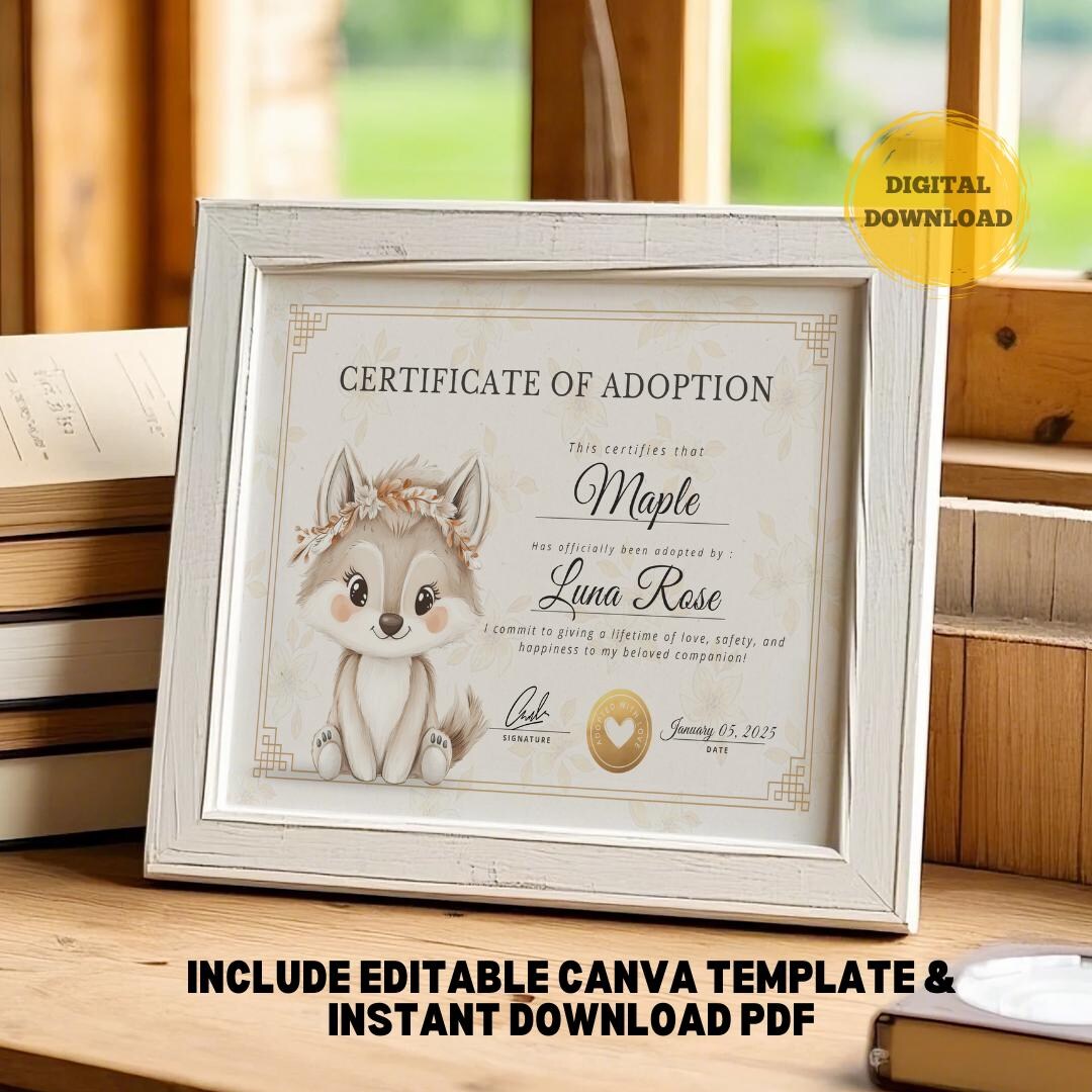 CERTIFICATE FOX ADOPTION Printable, Editable Canva Template Gift for ...