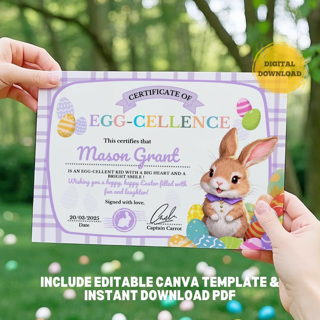 EDITABLE EASTER CERTIFICATE, Printable Eggcellene Kid Award Bunny Mail ...