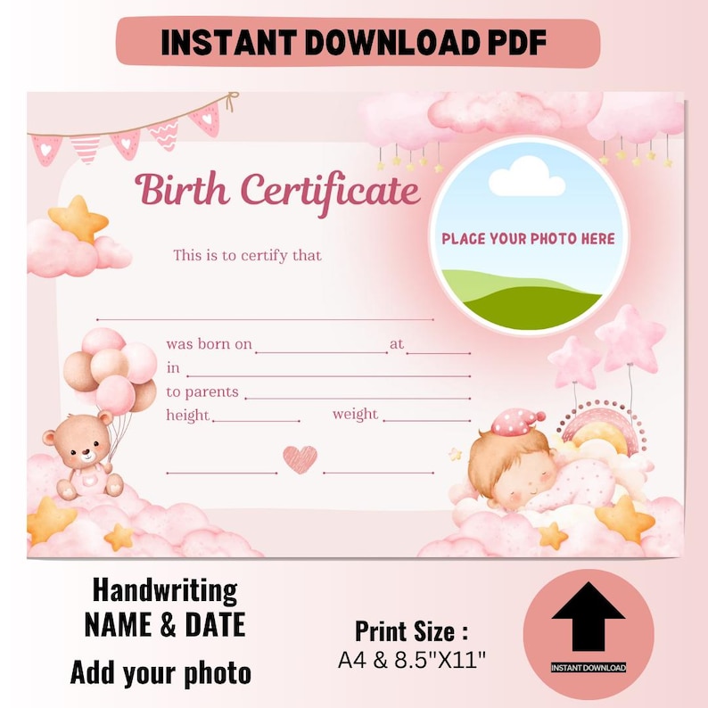 PERSONALIZED BABY GIRL Birth Certificate, Custom Photo Name Date ...