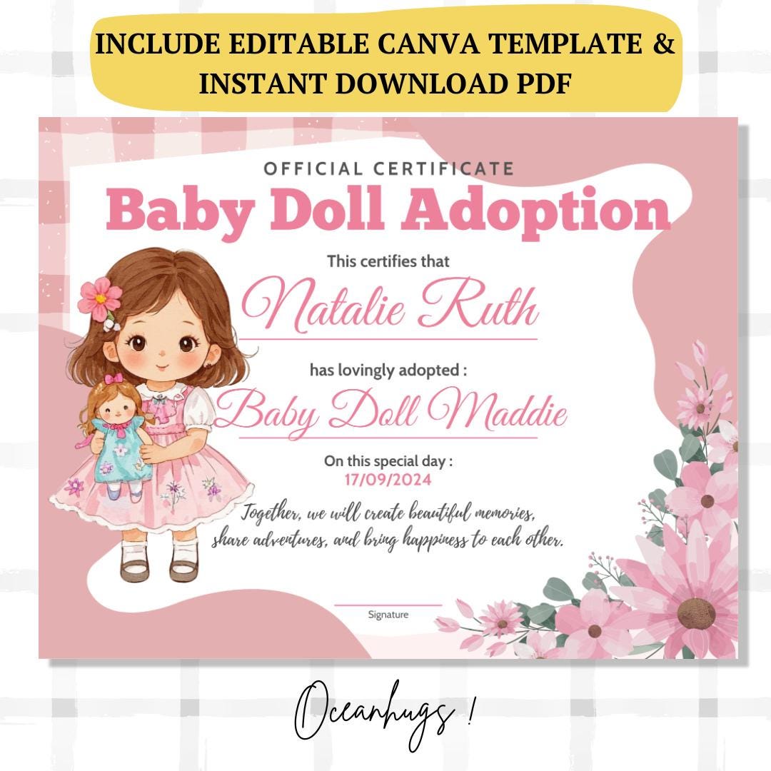 Baby Doll Adoption Certificate Instant Download Digital, Editable Canva Template, Printable Doll ...