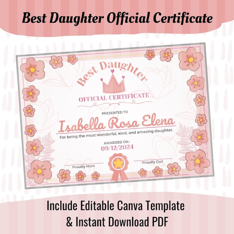 Printable Best Daughter Certificate, Editable Template on Canva ...