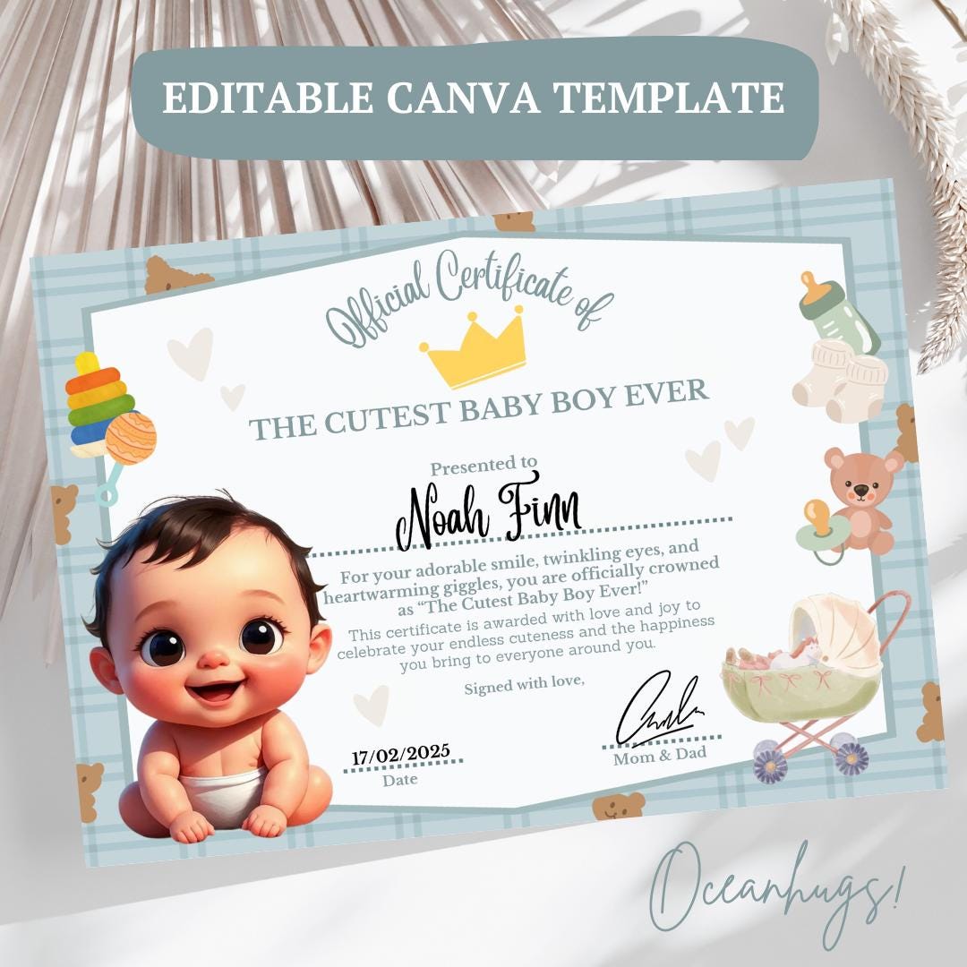 CUTEST BABY BOY Official Certificate Editable Canva Template ...