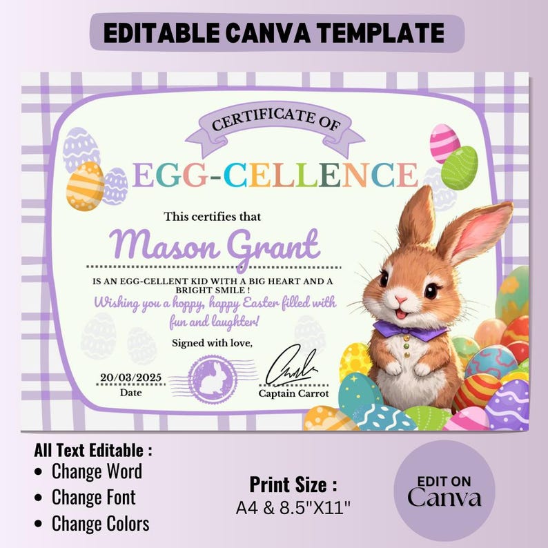 Buy EDITABLE EASTER CERTIFICATE, Printable Eggcellene Kid Award Bunny ...