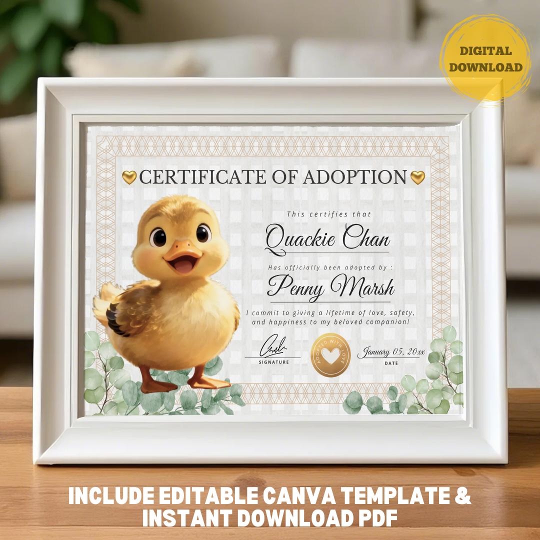 PRINTABLE DUCK ADOPTION Certificate Editable Canva Template ...