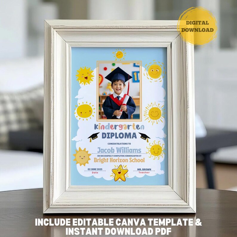 EDITABLE KINDERGARTEN DIPLOMA With Photo Graduation Certificate ...