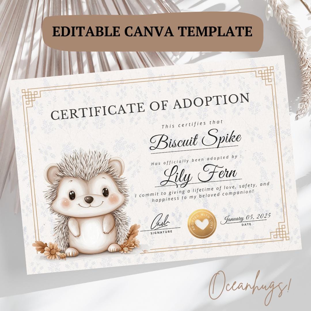 HEDGEHOG PET ADOPTION Certificate Editable Canva Template, Printable ...