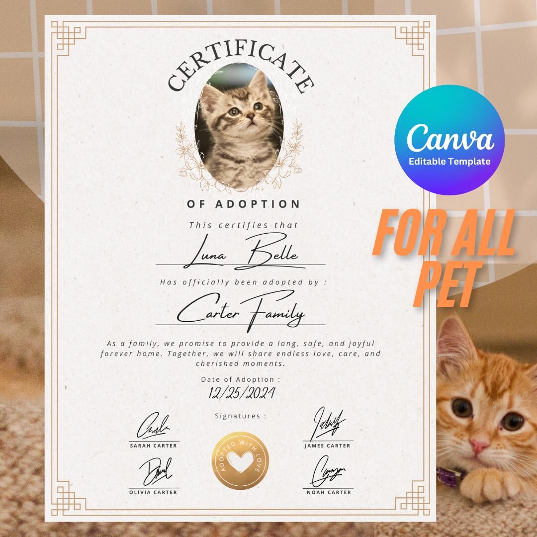 Editable Certificate of Pet Adoption, Printable Pet Document Canva ...