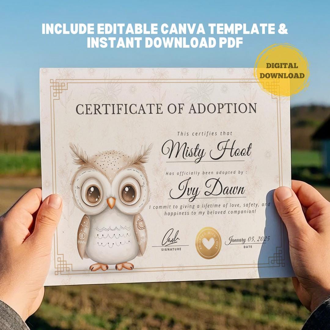 PRINTABLE OWL CERTIFICATE of Adoption, Personalized Editable Canva ...