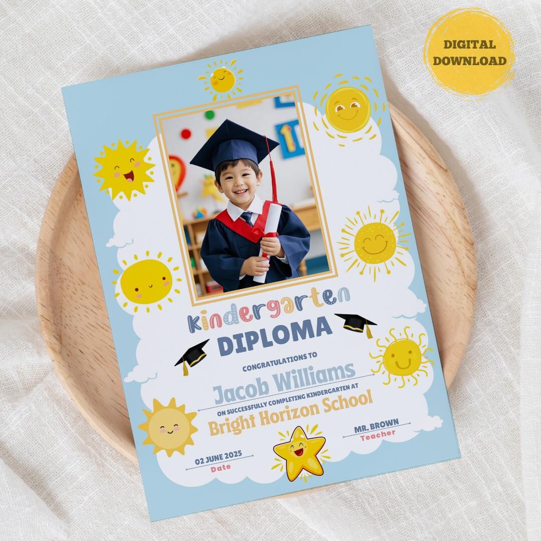 EDITABLE KINDERGARTEN DIPLOMA With Photo Graduation Certificate ...