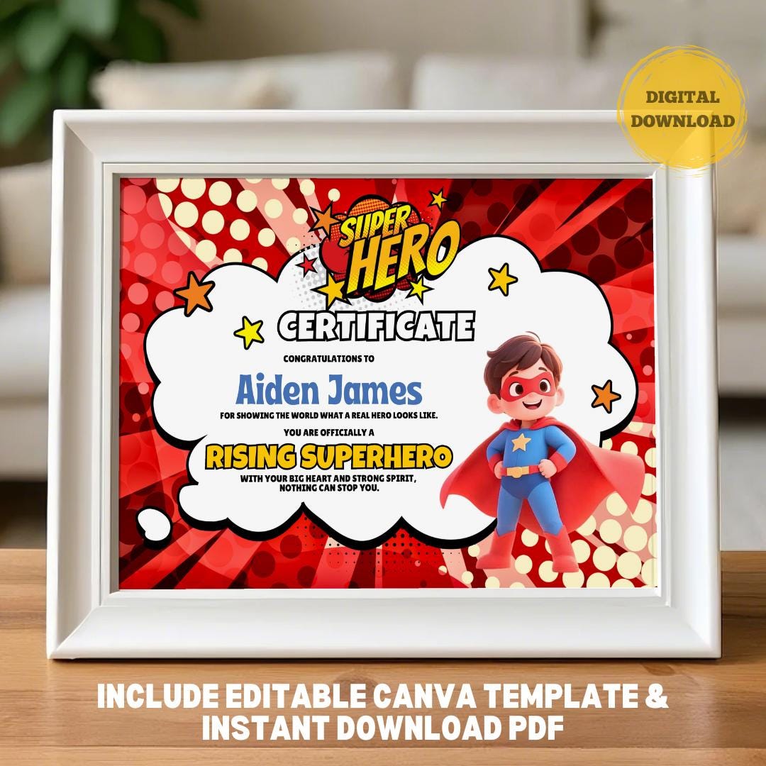 PRINTABLE Rising Superhero Boy Certificate EDITABLE Canva Template ...