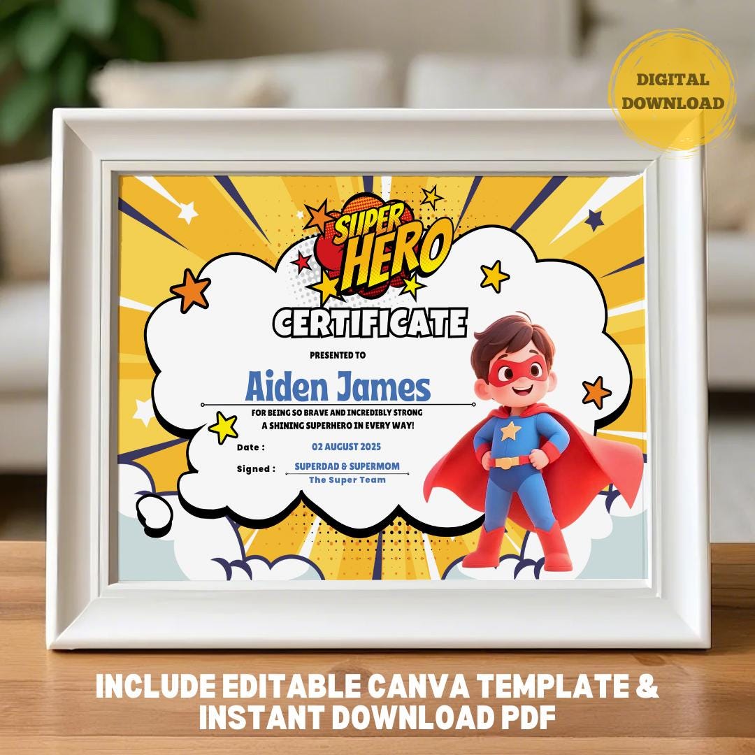 PRINTABLE SUPERHERO CERTIFICATE Editable Canva Template Brave Kid Award ...