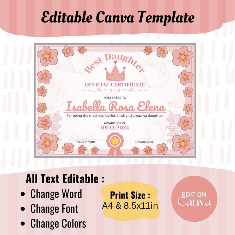 Printable Best Daughter Certificate, Editable Template on Canva ...