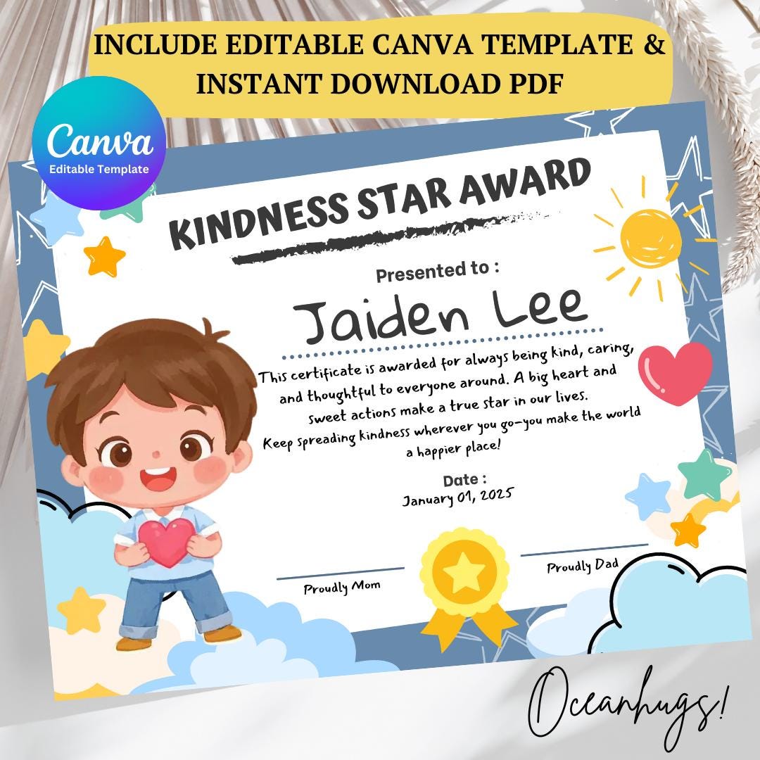 Printable Kindness Star Award for Little Boy, Editable Canva Template ...