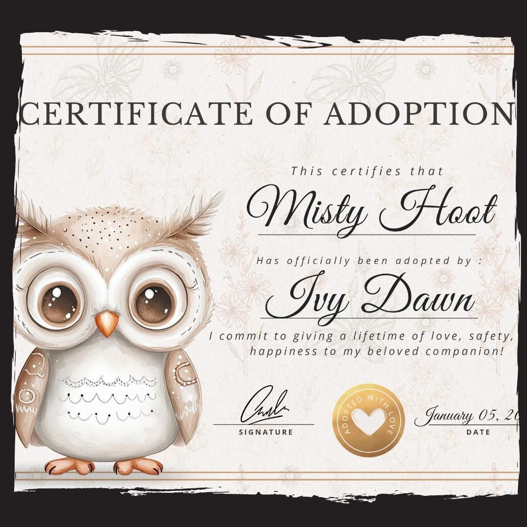 PRINTABLE OWL CERTIFICATE of Adoption, Personalized Editable Canva ...