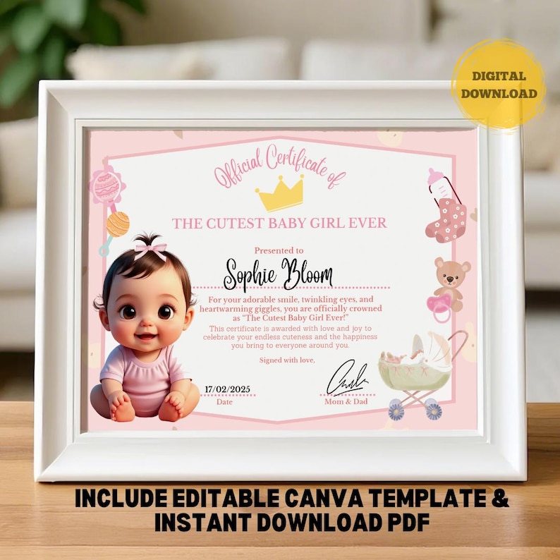 PRINTABLE CUTEST BABY Certificate, Newborn Keepsake Editable Canva ...