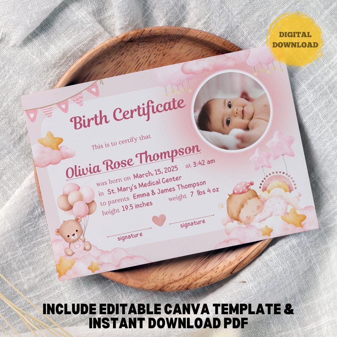 PERSONALIZED BABY GIRL Birth Certificate, Custom Photo Name Date ...