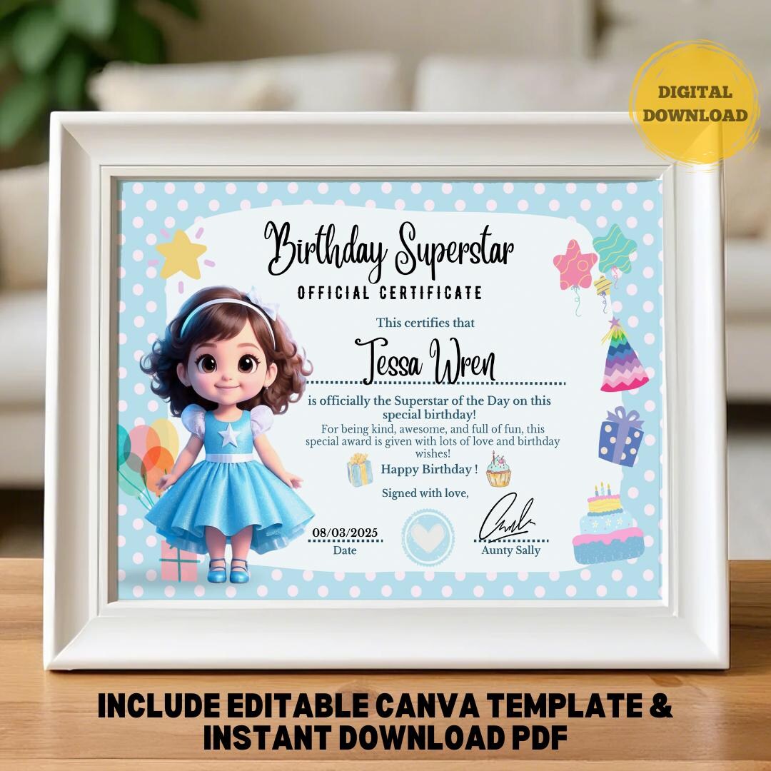 PRINTABLE BIRTHDAY Superstar Certificate Kid Special Award Personalized ...