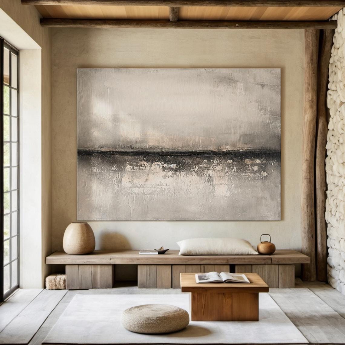 Taupe Wabi-sabi Wall Art, Large Taupe Abstract Art, Black Textured Wall ...