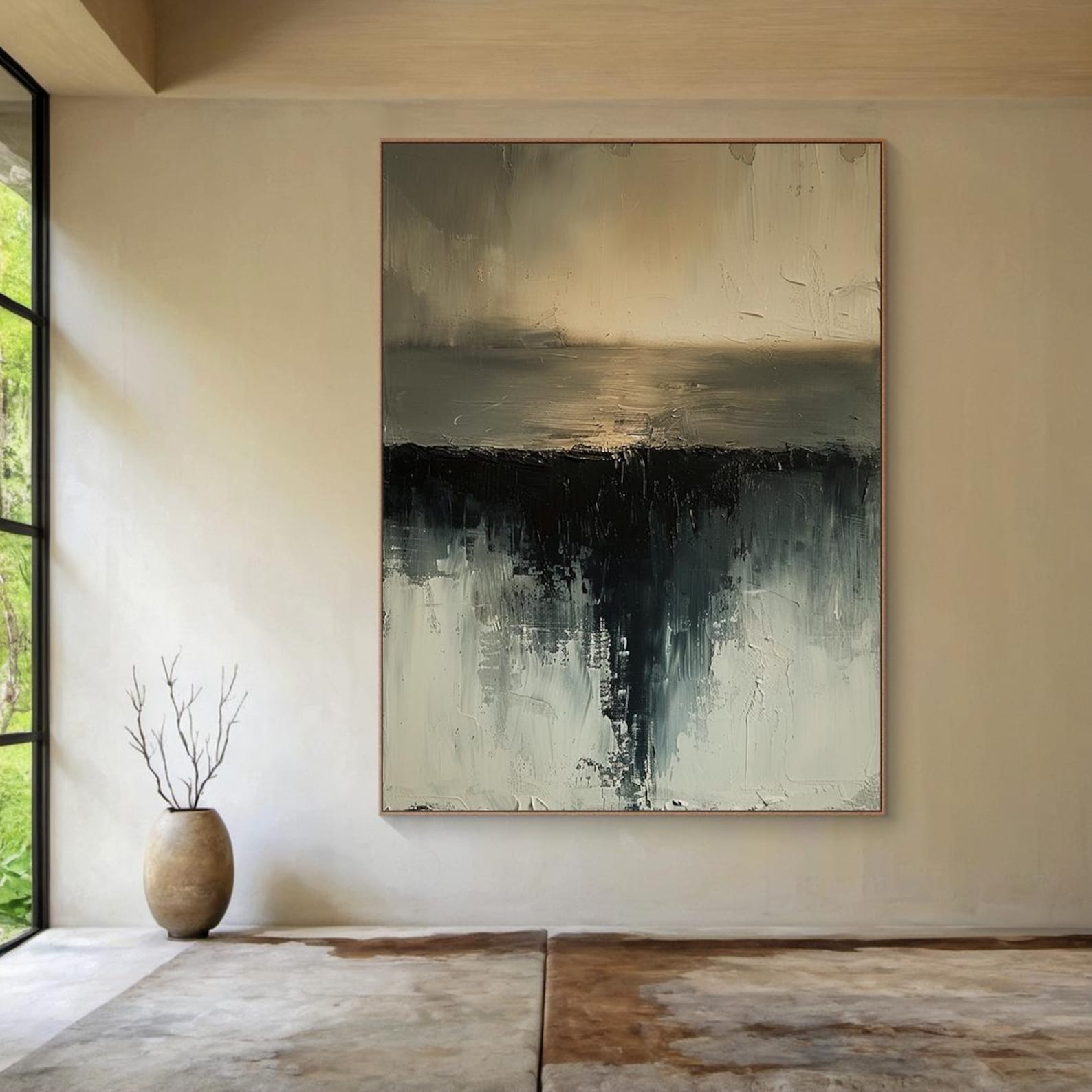 Large Black Canvas Abstract Painting, Original Grey Minimalist Wabi ...