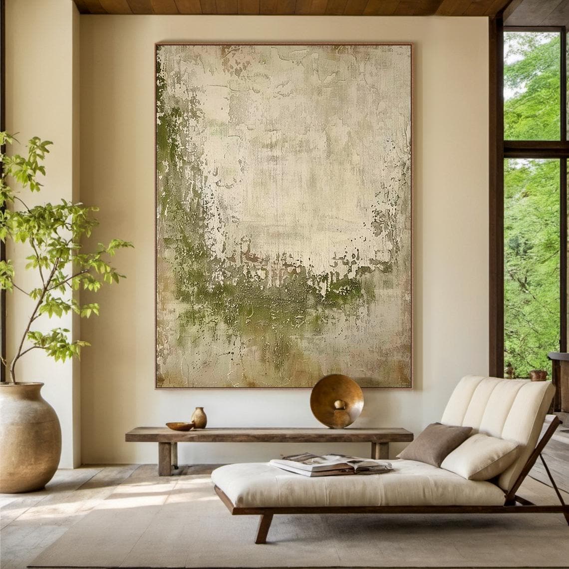Beige Wabi Sabi Wall Art Green Beige Abstract Painting Large Green ...