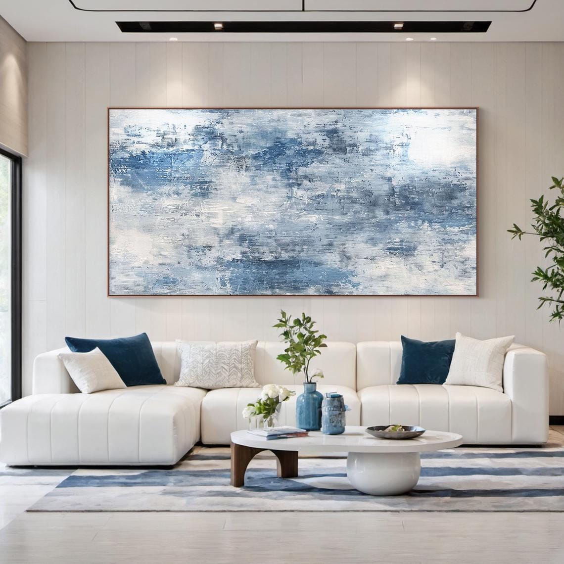 Large Blue Abstract Textured Canvas, Palette Knife Painting, Modern ...