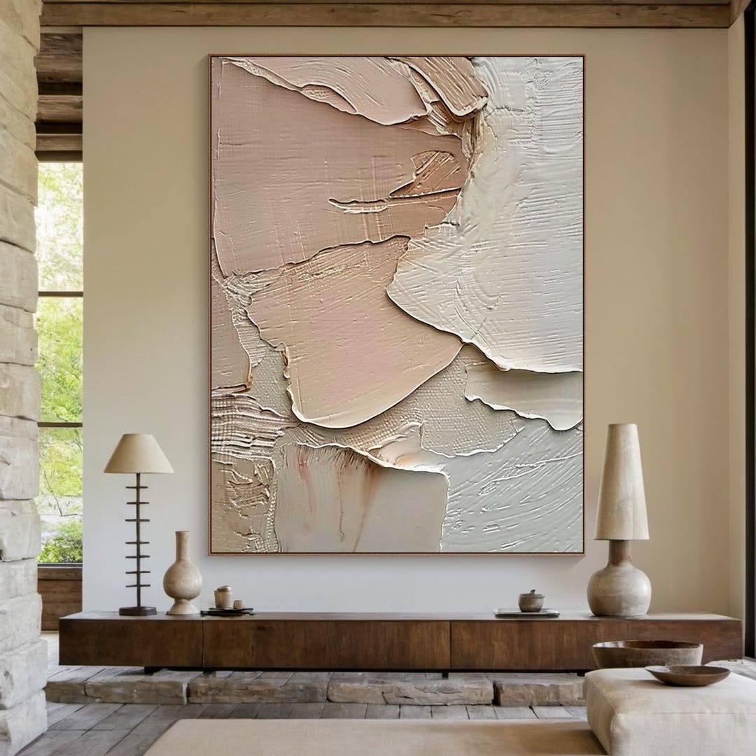 Large Light Pink Wall Art, Abstract Painting on Beige Canvas, Light ...