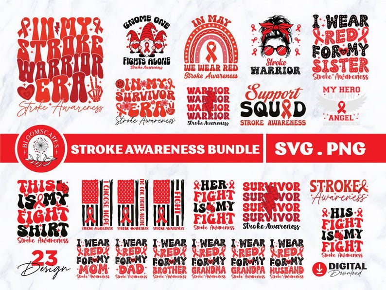 Stroke Awareness SVG PNG Bundle, Red Ribbon Designs (digital Download ...