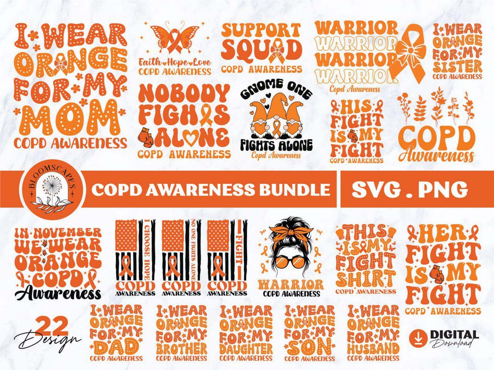 COPD Awareness SVG PNG Bundle, Orange Ribbon Designs (digital Download ...