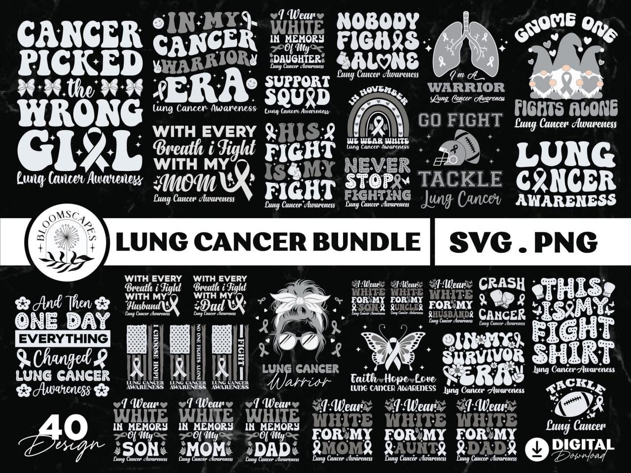 Lung Cancer Awareness SVG PNG Bundle, White Ribbon Designs (digital ...