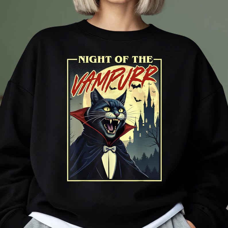 Night of the Vampurr Funny Cat Halloween T-shirt, Spooky Cat Vampire ...