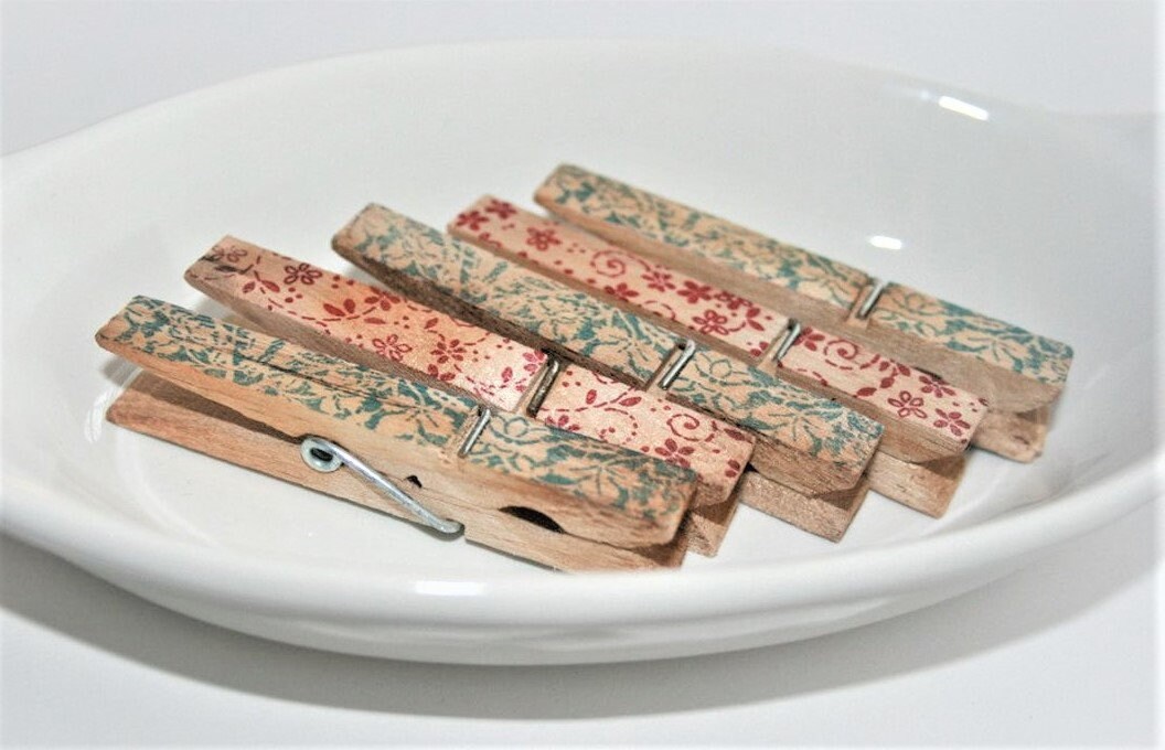 Vintage Style Clothespin Set - Stamped and Distressed - Blue Brocade ...