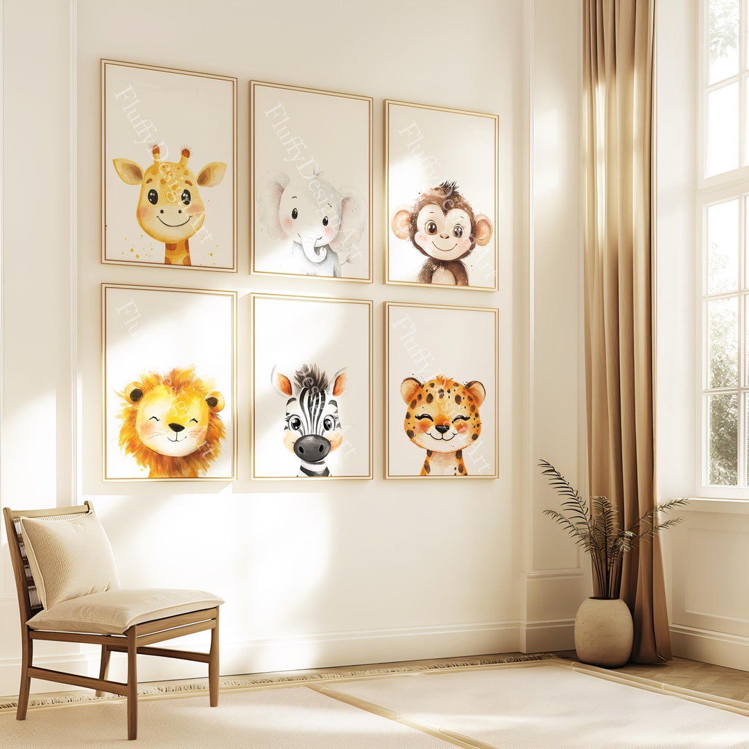 Set of 6 Safari Posters - Nursery Jungle Animal Poster, Wall Art for ...
