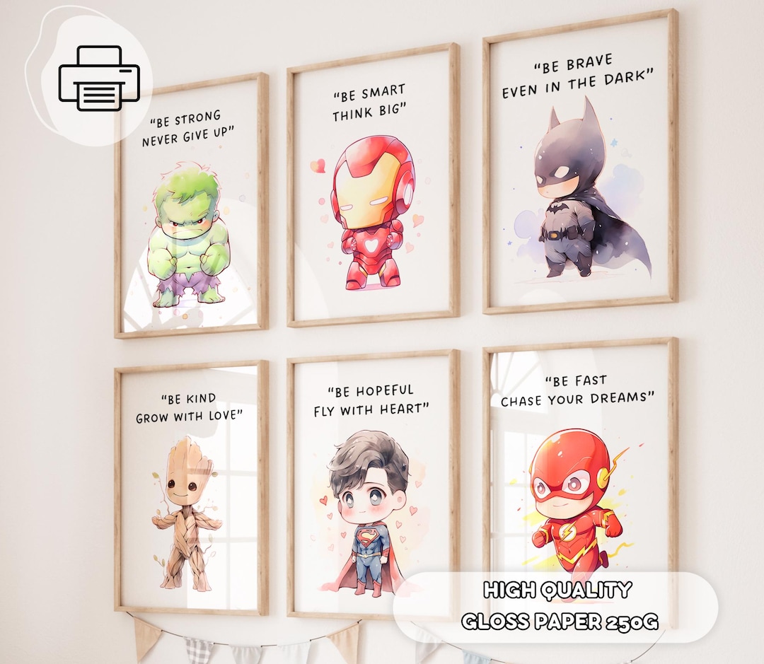 6 Chibi Superheroes Wall Art - Affirmation Avengers Wall Art, Positive ...