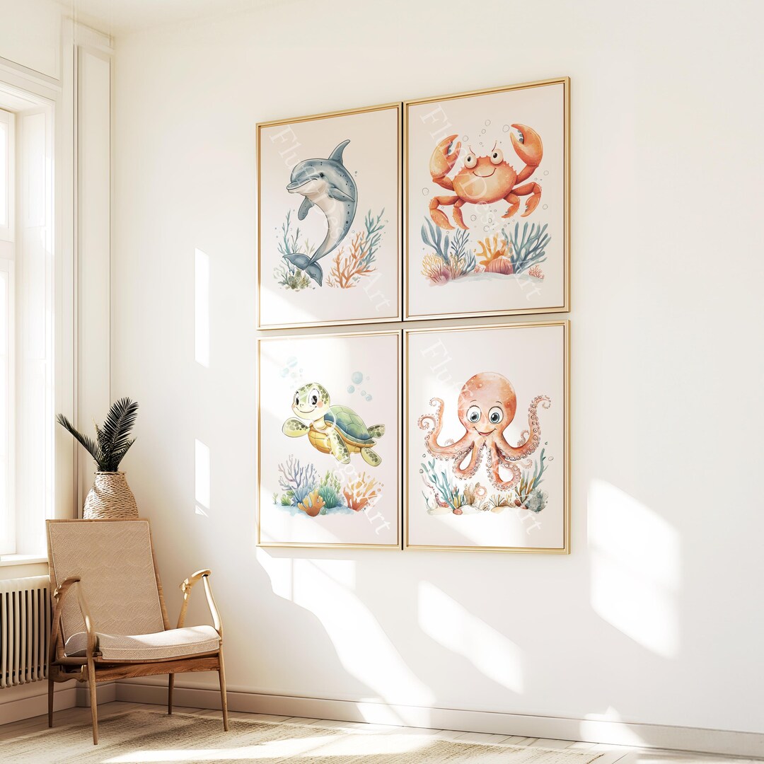 Set of 4 Ocean Animals Wall Art- Colorful Sea Prints, Marine Life Kid ...