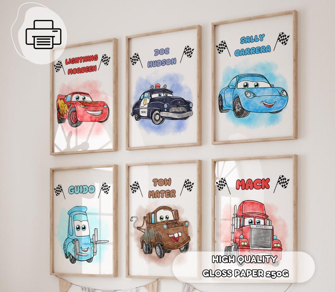 Set of 6 Cars Name Prints - Lightning Mcqueen Posters, Cars Wall Art ...