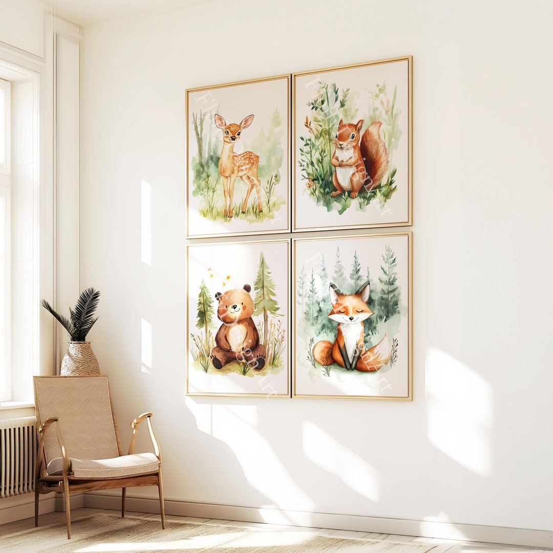 Set of 4 Forest Animal Posters Woodland Animal Print, Nature Nursery ...