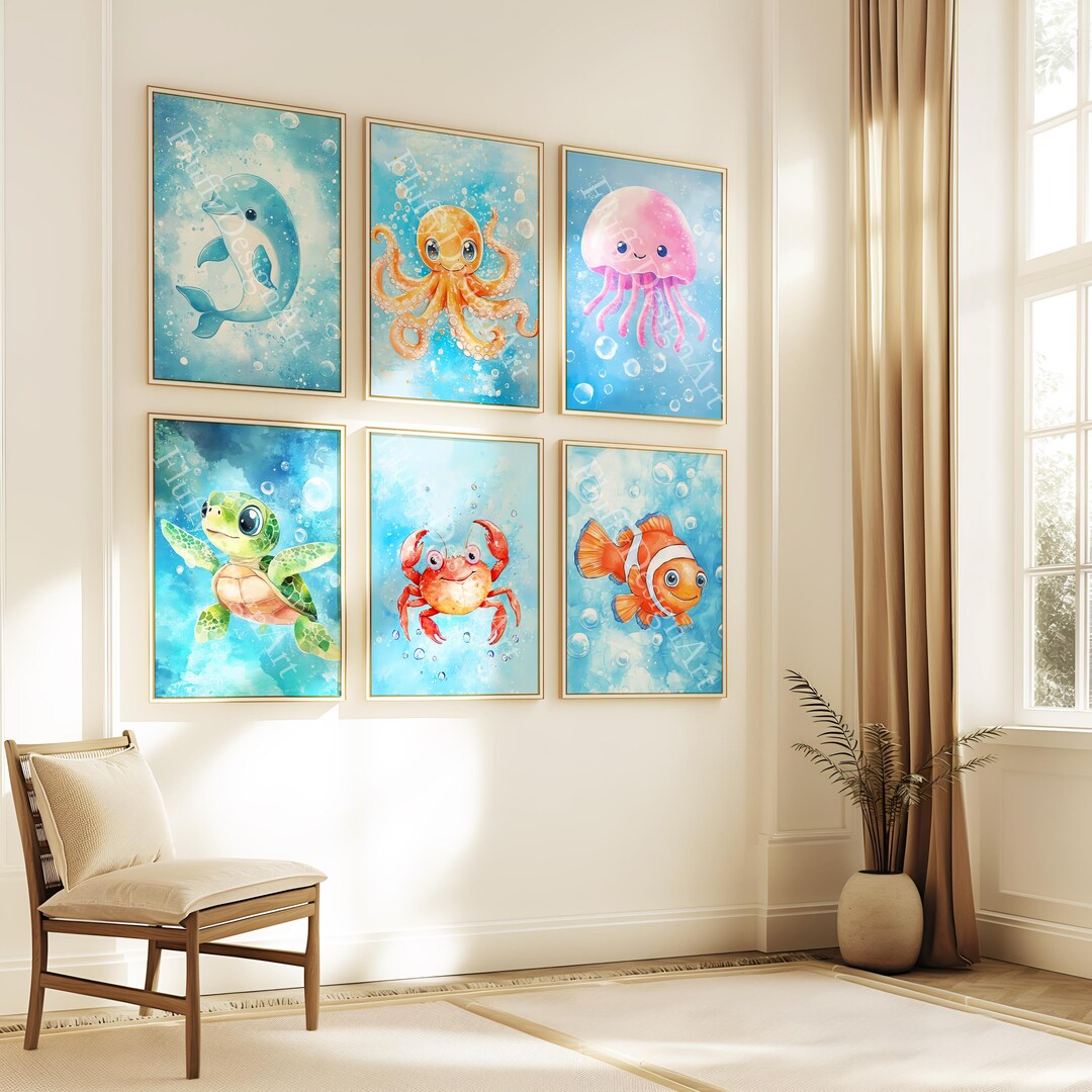 Set of 6 Blue Sea Animals - Nursery Prints, Under the Sea Animal Poster ...