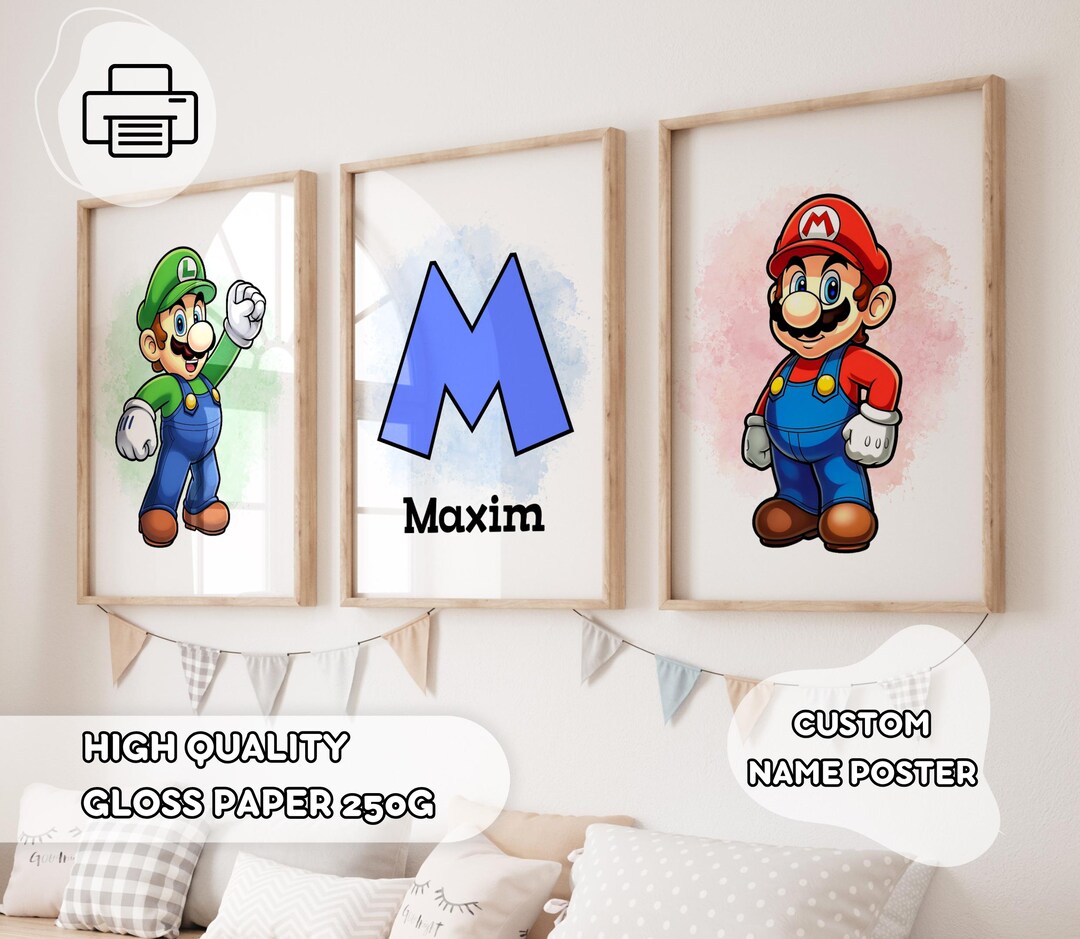 Set of 3 Custom Super Mario Bros Poster - Your Name Poster, Kids Room ...