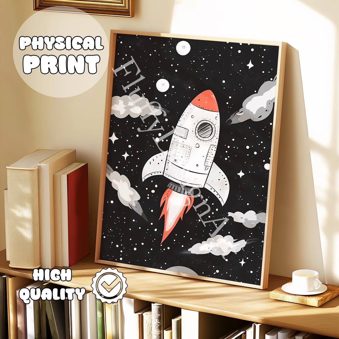 Cartoon Space Rocket Ship Poster - Space Room Decor, Outer Space Print ...