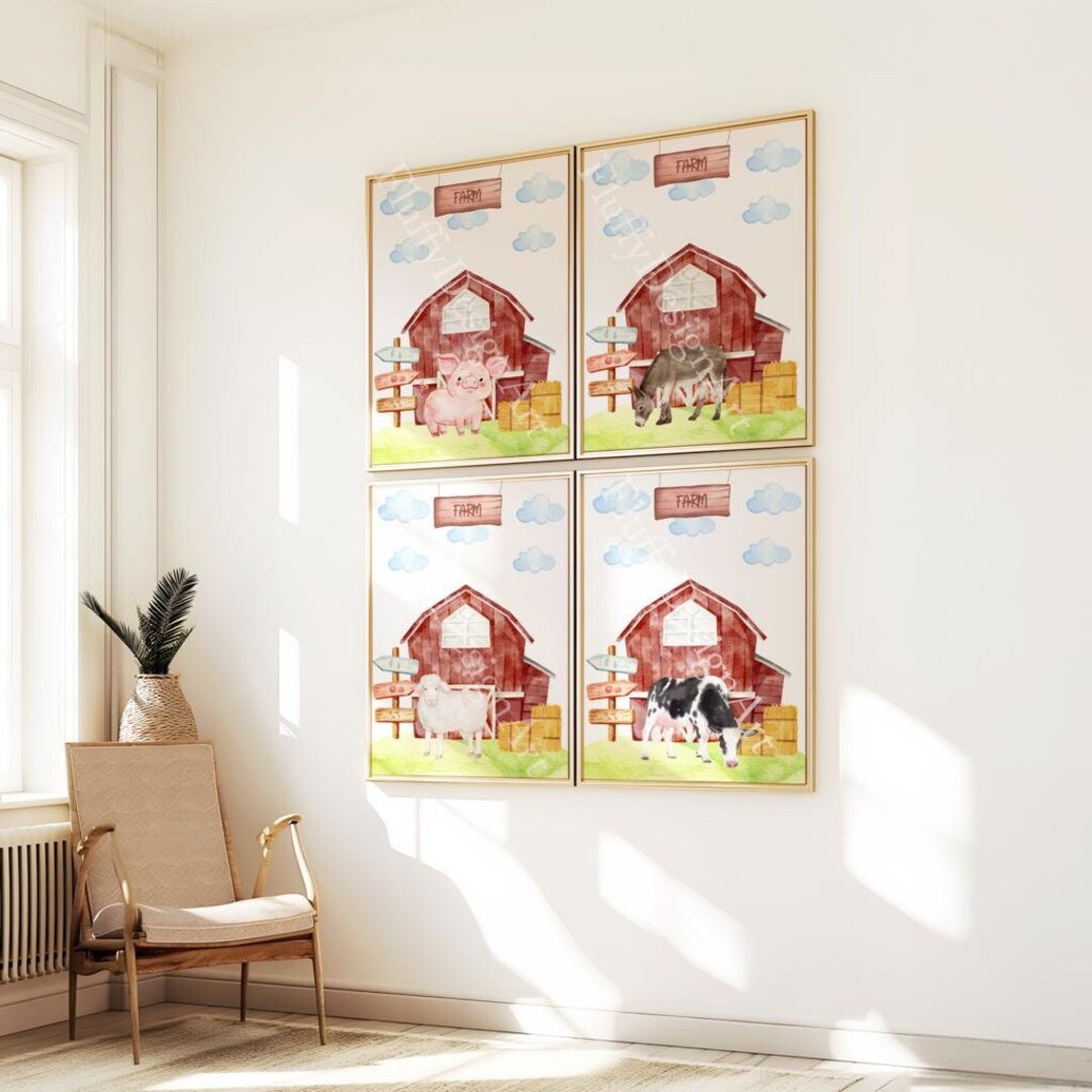 4 Farm Animal Prints Set - Nursery Farm Animals - Watercolor Barn ...